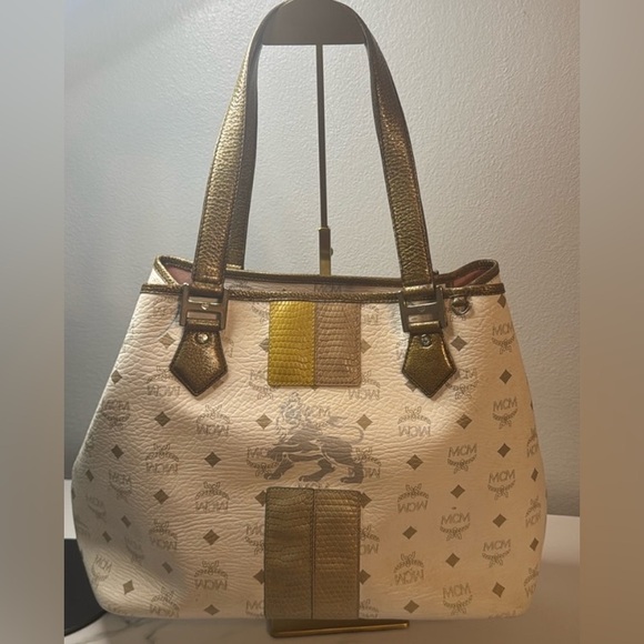 MCM | Bags | Mcm Gold And Cream Signature Tote | Poshmark